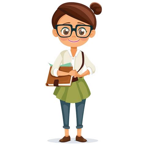 A Cartoon Girl With Glasses Holding A Book And A Book Premium Vector