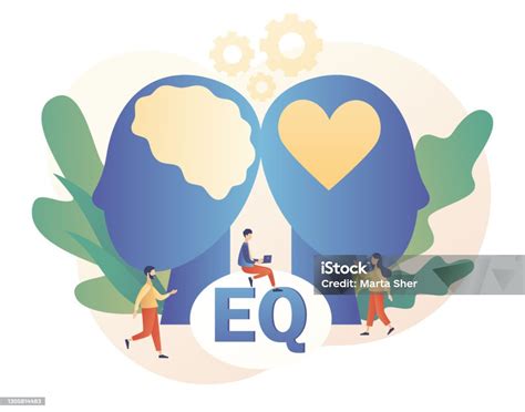 정서적 지능 균형의 상징으로 심장과 뇌 사랑 마음 논리적 내면의 성격을 탐구하는 작은 사람들 현대 플랫 만화 스타일 흰색 배경의 벡터 그림 감정 지능에 대한 스톡 벡터 아트