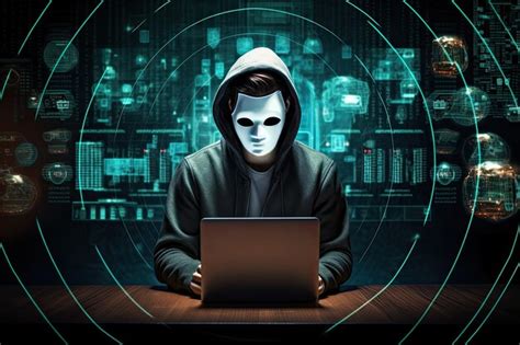 Hacker in dark room with laptop and glowing digital interface on background A cyber security ...