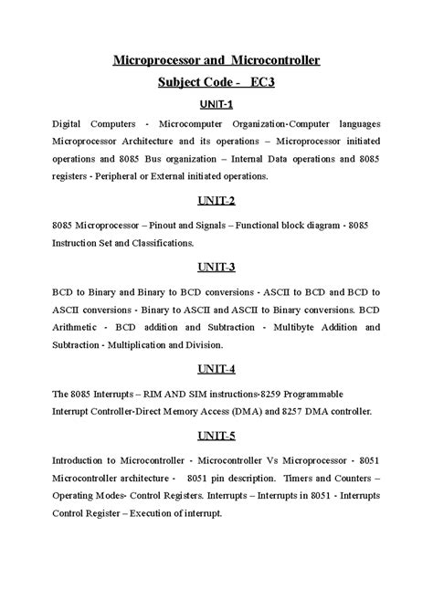 Microprocessor And Microcontroller Syllabus Microprocessor And Microcontroller Subject Code
