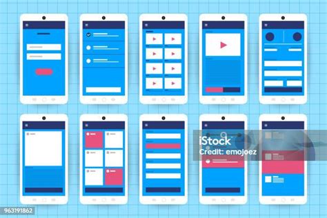 Ux Ui 순서도입니다 모바일 응용 프로그램 모형 개념 평면 디자인입니다 벡터 일러스트 레이 션 개념에 대한 스톡 벡터 아트 및