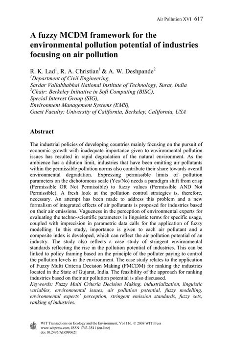 Pdf A Fuzzy Mcdm Framework For The Environmental Pollution Potential