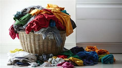Overflowing Laundry Basket And Pile Of Clothes On Floor Stock Image
