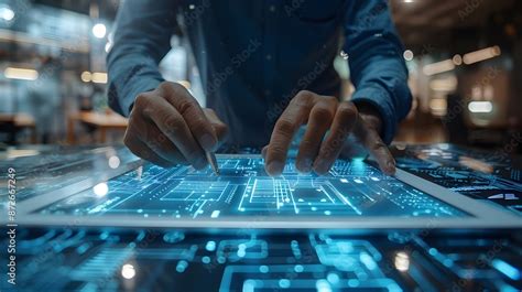 Hands Interacting With A Futuristic Digital Interface On A Touch Screen