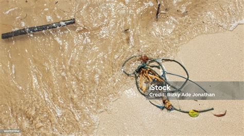 해안의 오염 플라스틱 쓰레기로 오염된 바다 해변 배경에 바다가 있는 쓰레기 해변의 생태 재앙 플라스틱 병 컵 다양한 종류의 파편 Microplastic에 대한 스톡 사진 및