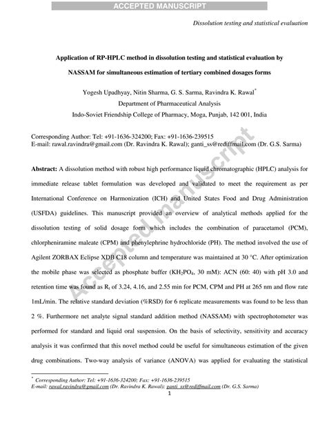 Solution Application Of Rp Hplc Method In Dissolution Testing And