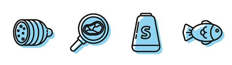 세트 라인 소금 살라미 소시지 프라이팬과 생선 아이콘에 스테이크 고기 벡터 고기에 대한 스톡 벡터 아트 및 기타 이미지 고기 굽기 낚시 Istock