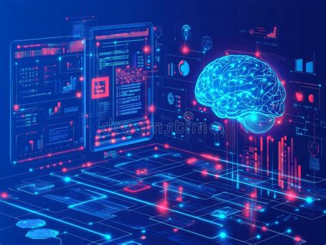 High Tech Digital Brain in a Glowing Blue Virtual Interface with Data Streams Representing ...