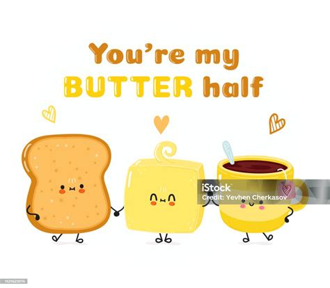 차와 버터 카드의 귀여운 행복한 토스트 컵 벡터 손으로 그린 낙서 스타일 만화 캐릭터 일러스트 아이콘 디자인 차와 버터 친구 개념의 행복한 토스트 컵 버터에 대한 스톡 벡터