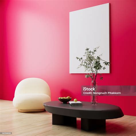 Viva 마젠타 색 벽 3d 렌더링 거실 인테리어 디자인 및 최소한의 스타일의 장식 액자에 대한 스톡 사진 및 기타 이미지 액자 정사각형 구성 형판 Istock