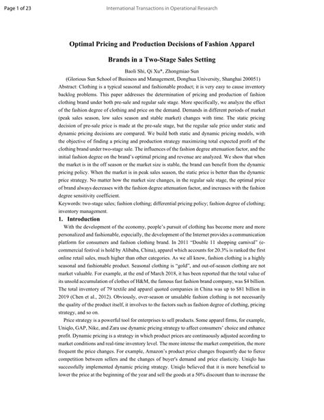Pdf Optimal Pricing And Production Decisions Of Fashion Apparel Brands In A Two‐stage Sales