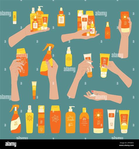 Set Of Female Hands Hold Sunscreen Products Spf Protection And Sun