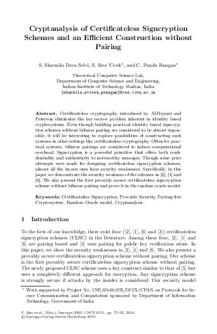 pdf cryptanalysis of certificateless signcryption schemes and an