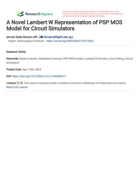 Pdf A Novel Lambert W Representation Of Psp Mos Model For Circuit Simulators