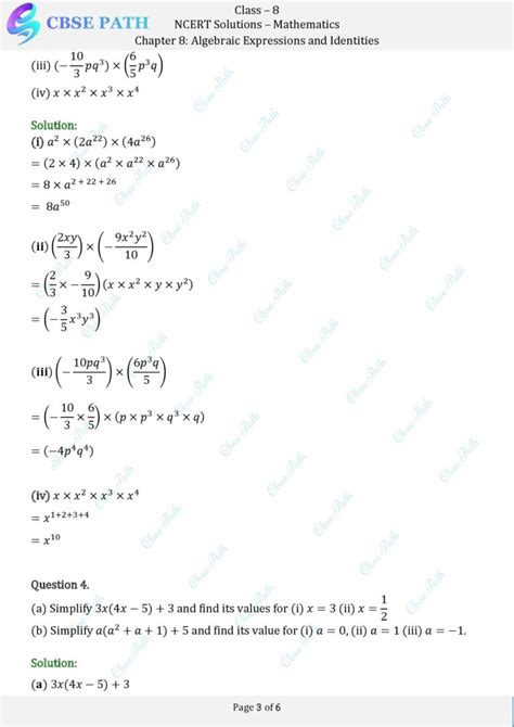 NCERT Solutions For Class Maths Exercise Algebraic Expressions And Identities CBSE Path