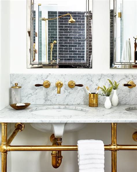 Marble And Brass Washstands On Black Hexagon Floor Contemporary