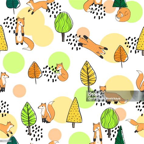 숲에서 재미있는 여우와 벡터 원활한 손 그리기 패턴 직물 포장 직물 벽지 의류에 대한 창조적 인 스칸디나비아 만화 아이 텍스처 0명에 대한 스톡 벡터 아트 및 기타 이미지