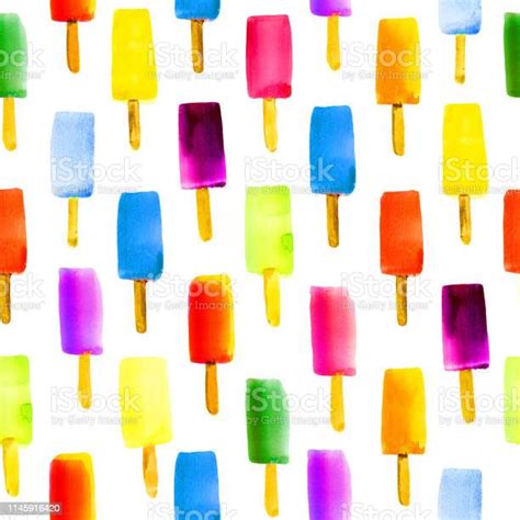 스틱 아이스크림 완벽 한 수채화 패턴입니다 흰색 바탕에 냉동 주스의 화려한 그림입니다 달콤한 아이스 캔디 0명에 대한 스톡 벡터 아트 및 기타 이미지 Istock