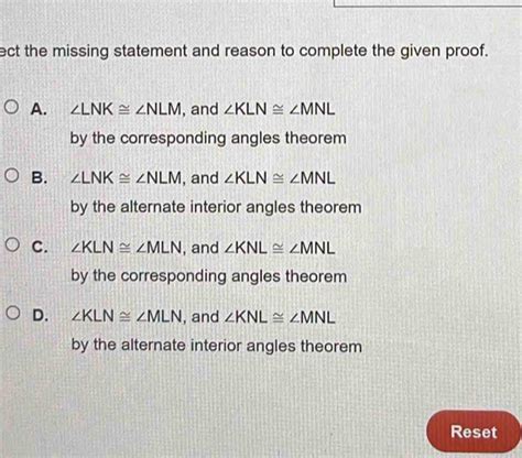 ect the missing statement and reason to complete the given proof a ∠