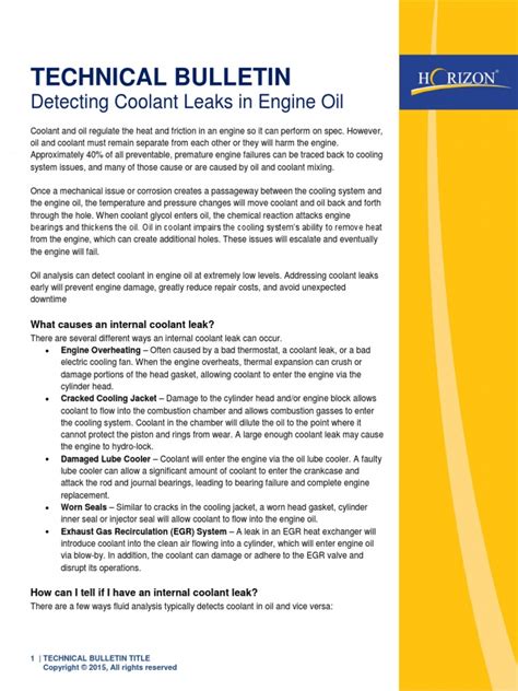 Detecting Coolant Leaks In Engine Oil Pdf Internal Combustion