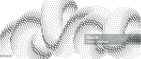 픽셀화된 그라디언트 물결선 모양입니다 블랙 디더 웨이브 텍스처 배경입니다 배너 포스터 전단지를 위한 점선 유체 곡선 형태 추상 디지털화 된 물결 모양의 오버레이 벽지 벡터