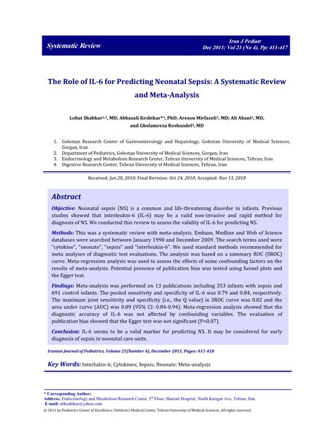 Pdf The Role Of Il 6 For Predicting Neonatal Sepsis A Systematic Review And Meta Analysis