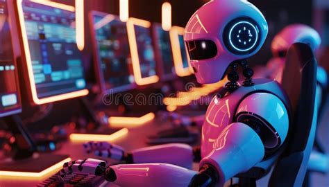 a robot is sitting in front of a computer monitor with a keyboard and a