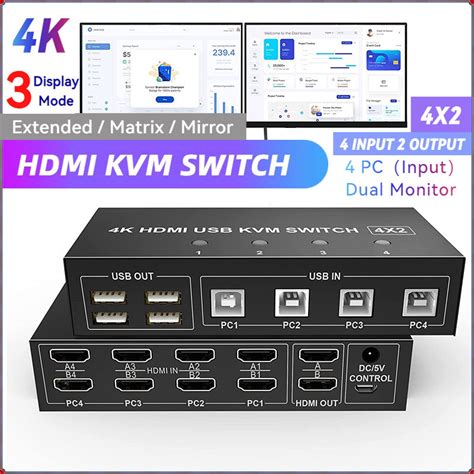 4 Port HDMI KVM Switch 4X2 Dual Monitor 4K 60Hz Extended Display USB KVM Switch 4 In 2 Out For 4