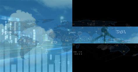 animation of financial data processing and world map over wind turbine