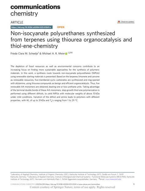 Pdf Non Isocyanate Polyurethanes Synthesized From Terpenes Using Thiourea Organocatalysis And
