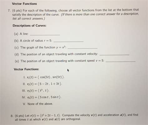 Solved Vector Functions Pts For Each Of The Chegg Com
