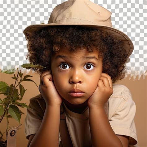 정원 의 옷 을 입은 아프리카 의 소년 좌절 된 곱슬 머리 의 어린이 가까운 눈 과 파스텔 베이지 색 배경 프리미엄 Psd 파일