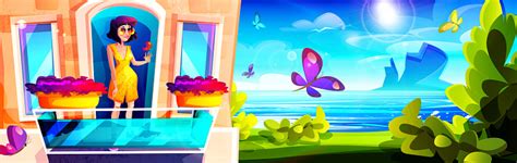 교외 여름 휴가와 만화 스타일의 관광의 개념 강과 무성한 녹지를 배경으로 나비가 있는 발코니에 소녀가 있는 화창한 여름 산 풍경