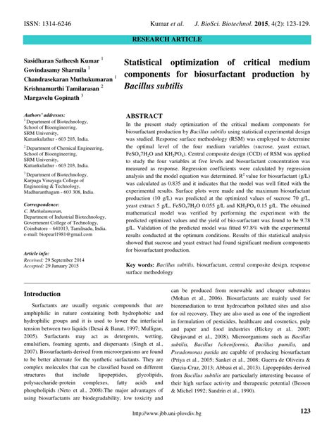 Pdf Statistical Optimization Of Critical Medium Components For Biosurfactant Production By