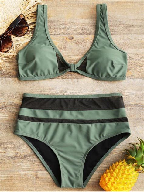 20 Off 2021 Sheer Mesh Insert High Waisted Bathing Suit In Green Zaful