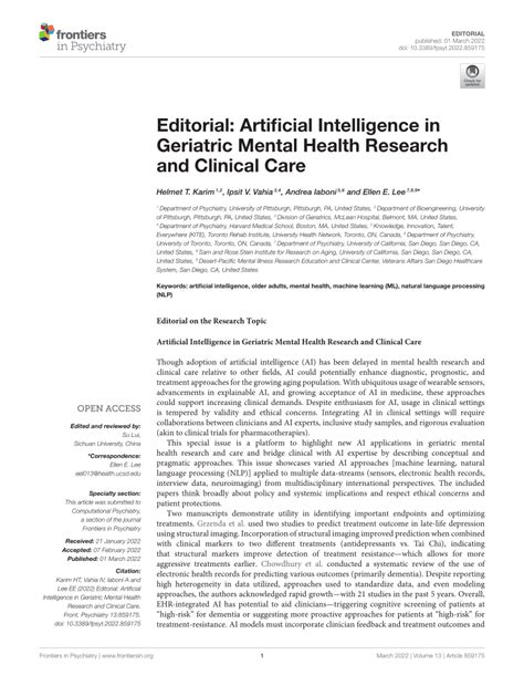 Pdf Editorial Artificial Intelligence In Geriatric Mental Health Research And Clinical Care