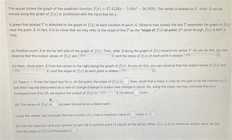 the applet shows the graph of the quadratic function