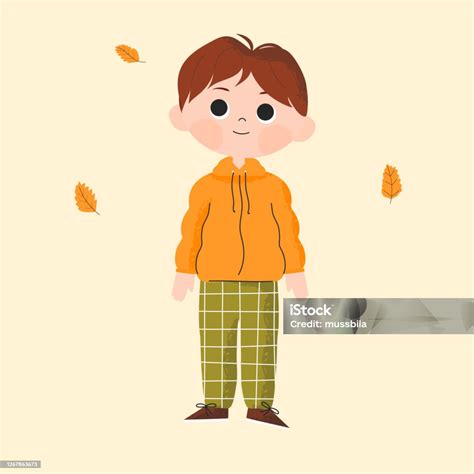 귀여운 아이 안녕하세요 가을 야외 활동을하는 가을 옷을 입은 어린 소년 손으로 그린 어린이 캐릭터 벡터 일러스트레이션 가을에 대한 스톡 벡터 아트 및 기타 이미지 Istock