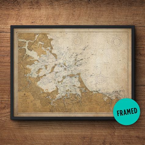 Boston Harbor Map Large Framed Art Vintage Map Nautical Decor Large