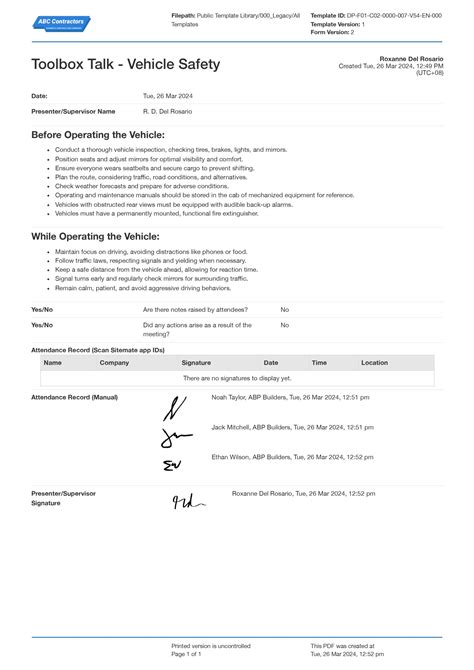 Toolbox Talk Vehicle Safety Template Free And Customisable
