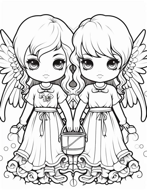 날개 생성 Ai를 가진 두 명의 작은 천사의 색칠 페이지 프리미엄 사진