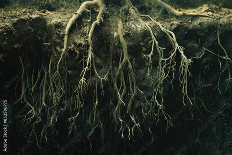 The Underground A Detailed Exploration Of The Tree Root System And Mycorrhizae Network Stock