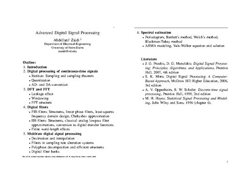 Course Notes Advanced DSP 1 Advanced Digital Signal Processing Abdellatif Zaidi Department