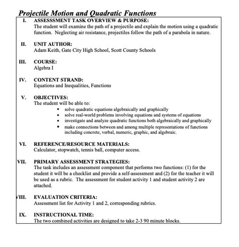 Projectile Motion And Quadratic Functions Performance For 9th 12th Grade Lesson Planet