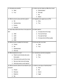 Six Main Nutrient Test By Foods And Nutrition Resources TPT