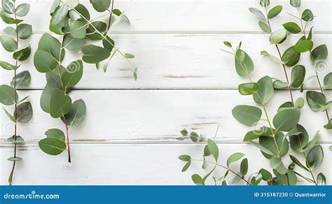 Generative Ai Eucalyptus Branches And Leaves On Wooden Rustic White Background Minimal