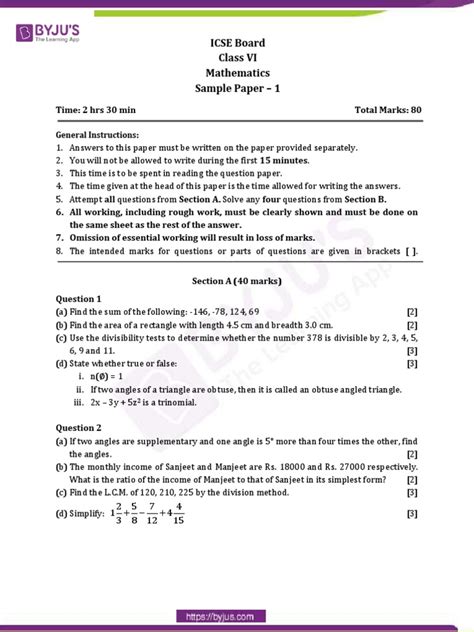 Icse Class 6 Maths Sample Paper Set 1 Pdf Triangle Area