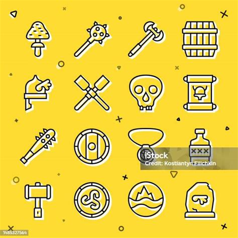 세트 라인 마법 룬 위스키 병 법령 양피지 두루마리 중세 장대도끼 노 또는 외륜선 뿔 달린 헬멧을 쓴 바이킹 버섯 및 해골 아이콘 벡터 검은색에 대한 스톡 벡터 아트 및