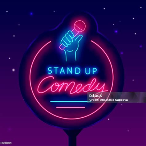 코미디 네온 간판을 세우십시오 마이크를 손에 쥐고 있습니다 만화 쇼 밝은 표시 쇼 레이블 벡터 일러스트 레이 션 코미디언에 대한