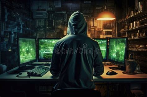 Rear View Of The Man In A Hoodie Sitting In Front Of Computer Stock Image Image Of Criminal